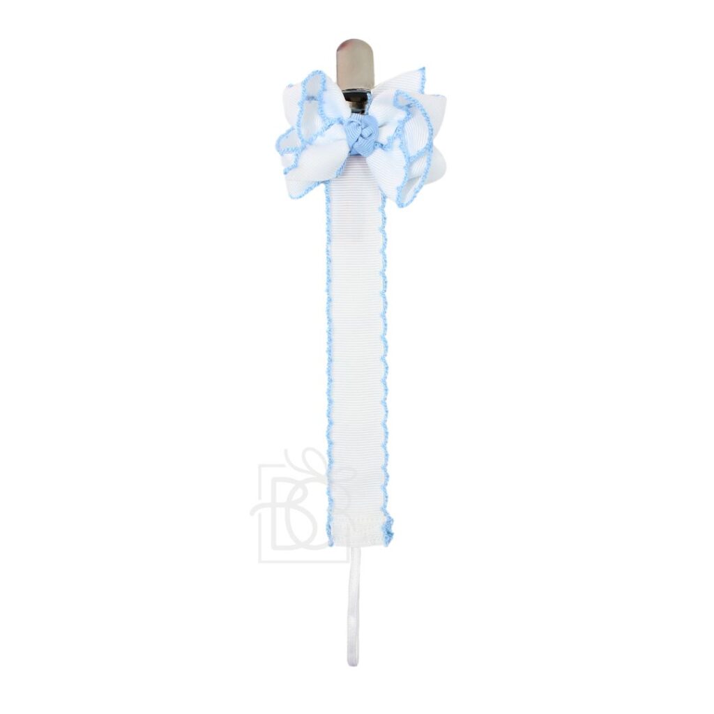 White with Millennium Blue Crochet Edge Pacifier Clip - Order Now!