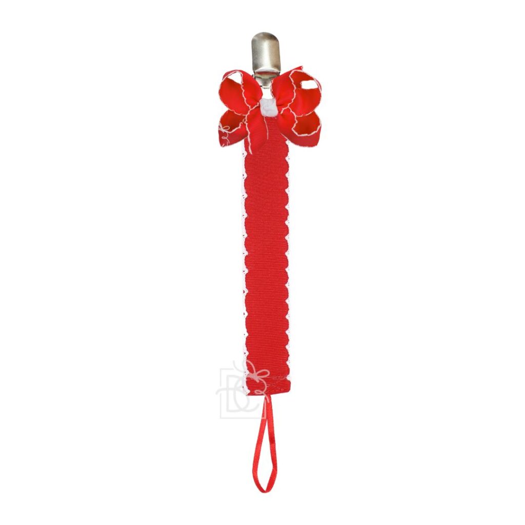 Red Pacifier Clip with White Crochet Edge at Beyond Creation